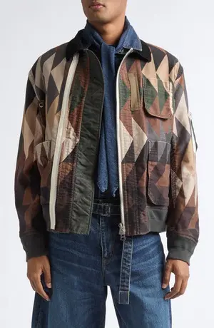 Sacai X A.p.c. Geometric Pattern Blouson With Corduroy Collar - Brown Multi