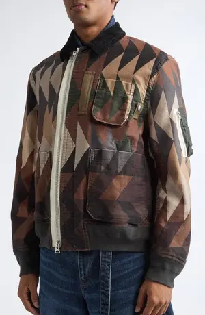 Sacai X A.p.c. Geometric Pattern Blouson With Corduroy Collar - Brown Multi