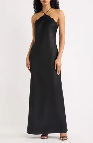 WAYF Lirien Lace Trim Halter Column Gown