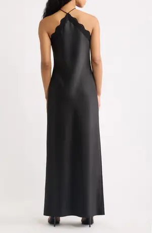WAYF Lirien Lace Trim Halter Column Gown