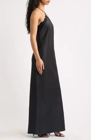 WAYF Lirien Lace Trim Halter Column Gown