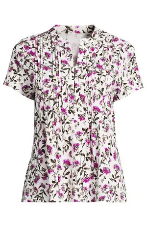 LANDS' END Tall Lightweight Jersey Button Pintuck Top - Ivory/pink Hydrangea