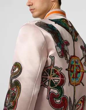 Philipp Plein Shiny Satin Bomber Jacket With Tattoo Patches And Rhinestones - Beige