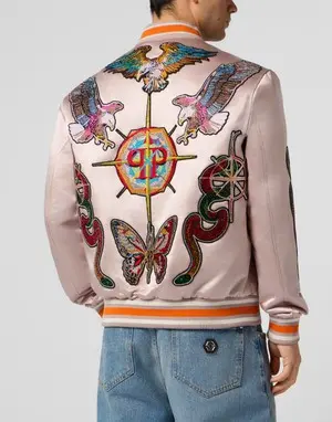 Philipp Plein Shiny Satin Bomber Jacket With Tattoo Patches And Rhinestones - Beige
