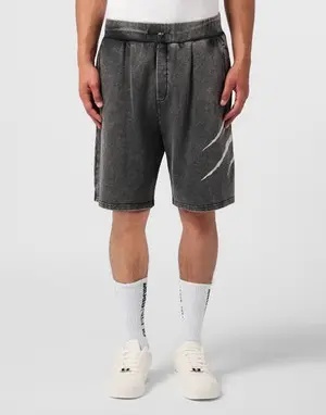PLEIN SPORT Washed Cotton Crackle Scratch Jogging Shorts - Black