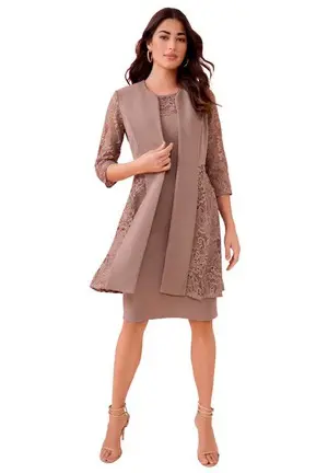 Roaman's Stretch Paisley Lace Jacket Dress - Latte