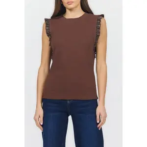 DEAR JOHN Bridget Ribbed Leather Ruffle Tank - Shaved Chocolate