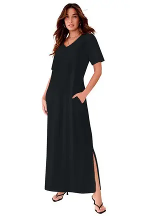 Roaman's Stretch Knit Maxi Dress With Side Slit - Black