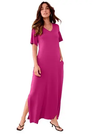 Roaman's Roaman's Stretch Knit Maxi Dress With Side Slit Raspberry