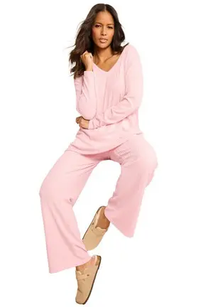 Roaman's Brushed Ribbed V-neck Top And Wide-leg Pant Set - Soft Blush