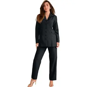 Roaman's Two-piece Shawl Collar Pant Set - Black