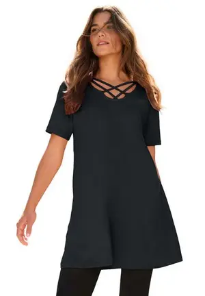 Roaman's Ultimate Lattice Neck Short Sleeve Tunic Black