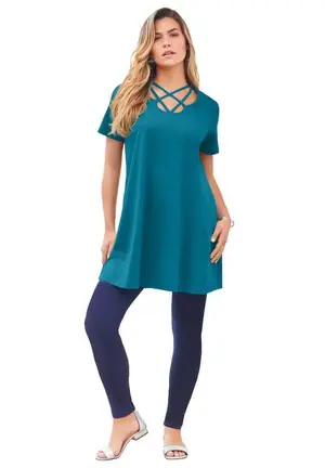 Roaman's Ultimate Lattice Neck Short Sleeve Tunic Deep Teal