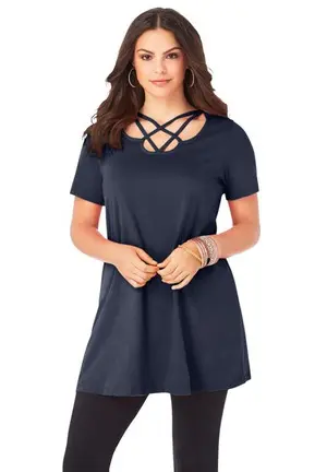 Roaman's Ultimate Lattice Neck Short Sleeve Tunic Navy