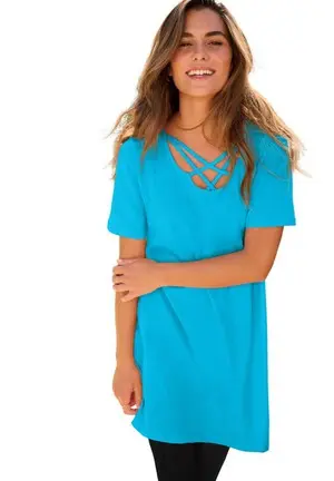 Roaman's Short Sleeve Lattice Neck Tunic - Ocean
