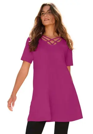 Roaman's Ultimate Lattice Neck Short Sleeve Tunic Raspberry