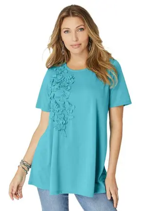 Roaman's 3d Appliqued Swing Tee - Soft Turquoise