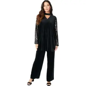 Roaman's Velour Keyhole Mock Neck Top And Wide Leg Pant Set With Sequined Sleeves Black