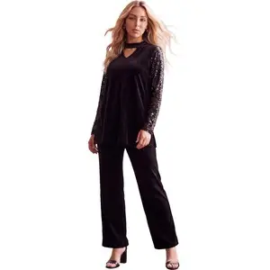 Roaman's Velour Keyhole Mock Neck Top And Wide Leg Pant Set With Sequined Sleeves Black