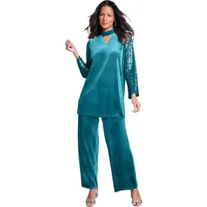 Roaman's Velour Keyhole Mock Neck Top And Wide Leg Pant Set With Sequined Sleeves - Deep Teal