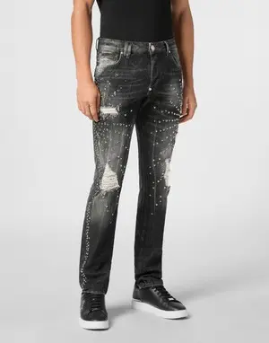 Philipp Plein Studded Straight Cut Denim Trousers - Foggrey