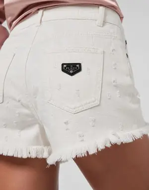 Philipp Plein Denim Hot Pants With Distressed Details And Frayed Hems - Summersnow