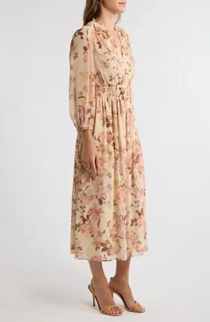 Anne Klein Floral Metallic Stripe Midi Dress