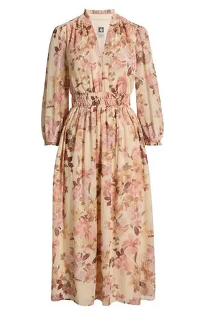 Anne Klein Floral Metallic Stripe Midi Dress