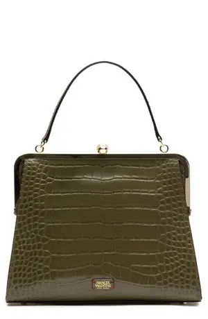 FRANCES VALENTINE Jackie Croc Embossed Leather Frame Bag Olive