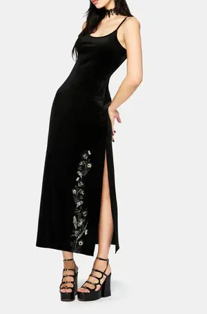 DISTURBIA Velour Maxi Dress With Embroidery And Slit