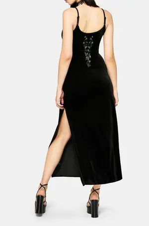 DISTURBIA Velour Maxi Dress With Embroidery And Slit