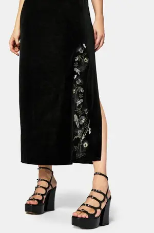 DISTURBIA Velour Maxi Dress With Embroidery And Slit
