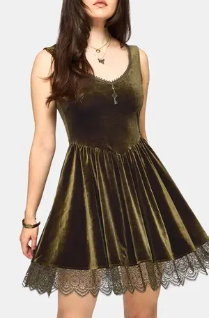 DISTURBIA Orbweb Lace Hem Velour Mini Dress - Green
