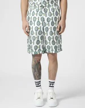 Philipp Plein Silk Tennis Print Drawstring Shorts