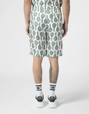 Philipp Plein Silk Tennis Print Drawstring Shorts