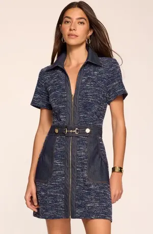 Ramy Brook Darla Tweed Minidress With Zip Front And Belted Waist