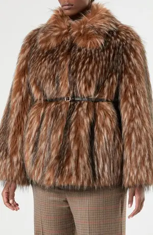 Marina Rinaldi Faux Fur Short Coat With Spread Collar And Belt - Camel