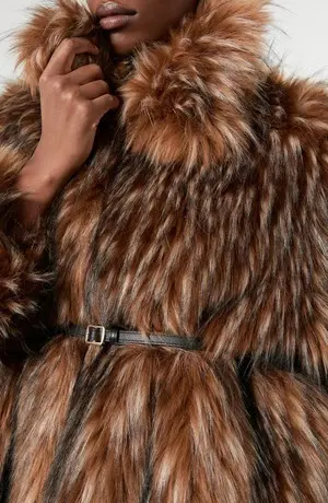 Marina Rinaldi Faux Fur Short Coat With Spread Collar And Belt