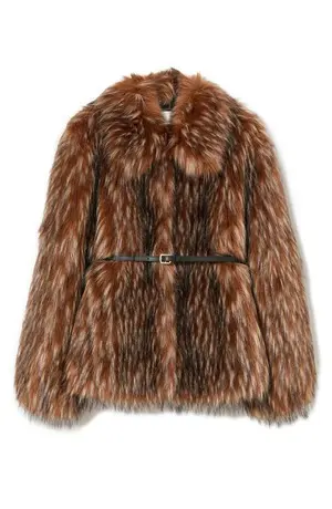 Marina Rinaldi Faux Fur Short Coat With Spread Collar And Belt