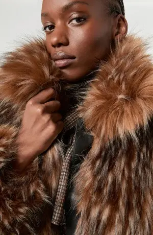 Marina Rinaldi Faux Fur Short Coat With Spread Collar And Belt