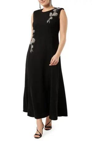 Marina Rinaldi Refeluca Beaded Jewel Neck Dress - Black
