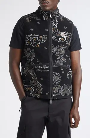 Moncler Reversible Paisley Print Fleece & Diamond Quilted Vest - Black
