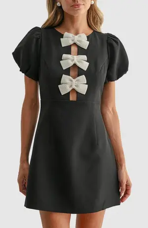 ALL IN FAVOR Puff Sleeve Bow Appliqué Minidress