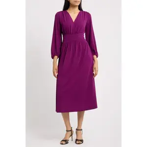 Anne Klein Blouson Long Sleeve Fit & Flare Midi Dress - Beet