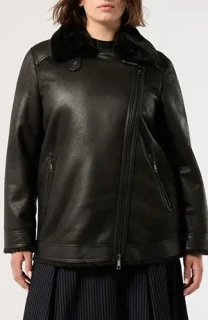 Marina Rinaldi Faux Fur Trim Faux Leather Moto Jacket