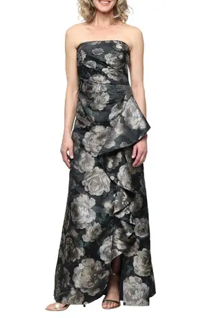 Alex Evenings Strapless Metallic Floral Jacquard Gown