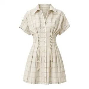 EXQUISE Plaid Shirt Dress With Tie Waist
