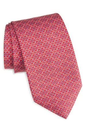 FERRAGAMO Zelig Gancini Print Silk Tie - Rosso