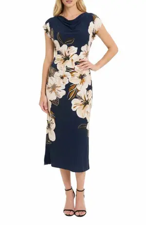 Maggy London Floral Cowl Neck Sheath Dress - Deep Indigo/ivory