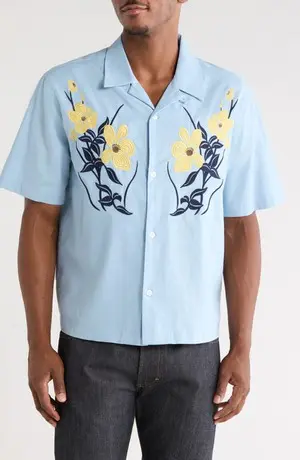 PACSUN Jasmine Floral Embroidered Cotton & Linen Camp Shirt - Blue